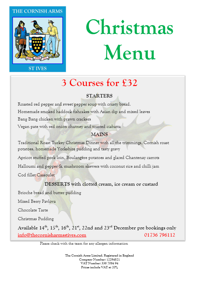 The Cornish Arms St.Ives | Menu